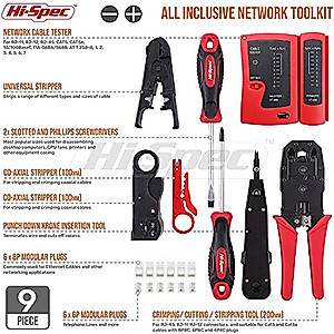 Hi-Spec 9pc Network Cable Tester Tool Kit Set for CAT5, CAT6, RJ11, RJ45. Ethernet LAN Crimper, Punchdown, Coax Stripper & More