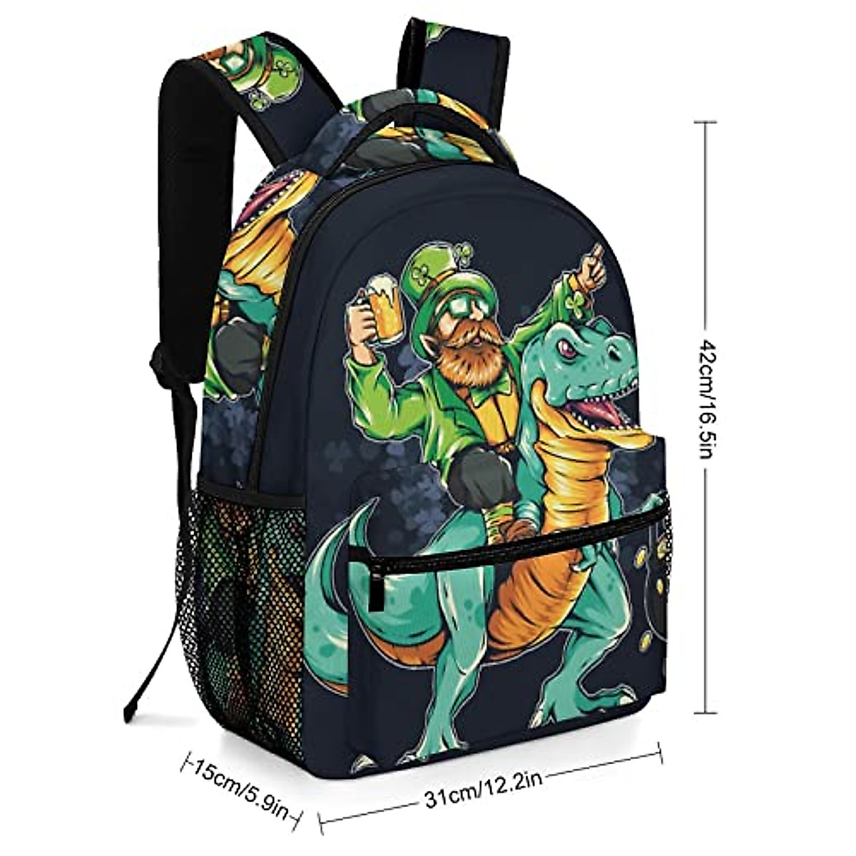 MEIKKO Green Dinosaur Backpack Saint Patrick's Day Leprechaun Large computer Bags with Chest Strap,Lightweight Casual Daypack for Women Men Hiking Travel Work and Business 16 Inch