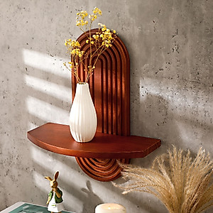 Suzile 2 Pcs Arched Wooden Boho Wall Shelves Walnut Bohemian Candle Holders Hanging Shelf Wood Hanging Wall Shelf Wall Mount Rustic Floating Shelves with 2 Hook for Plant Book Bedroom Bathroom Nursery