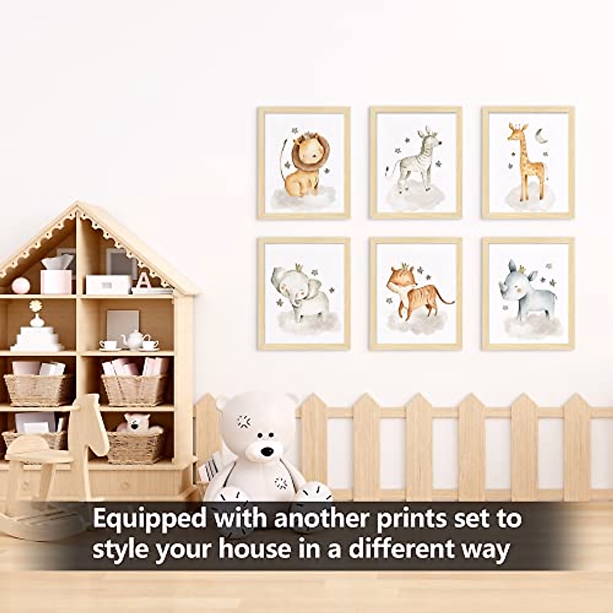 ArtbyHannah 6 Pack 8x10 Inch Framed Nursery Wall Art Decor with Wood Frame and Moon Animals & Letter Prints for Playroom, Kids Children Room Bedroom Decoration