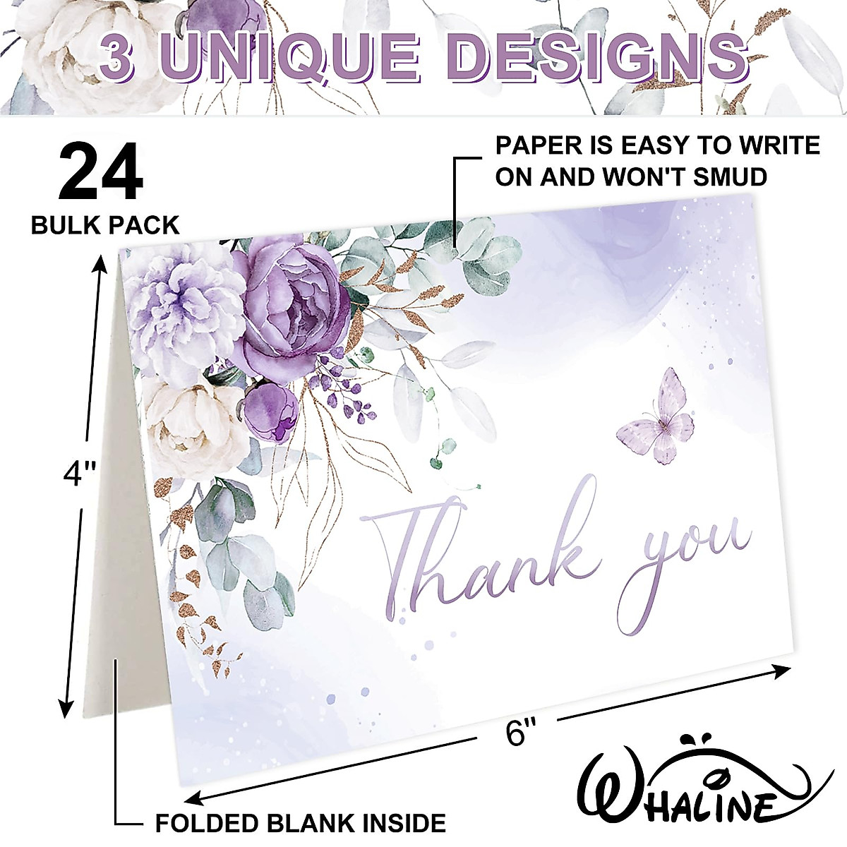 Whaline 24 Pack Purple Floral Thank You Cards with Envelopes Stickers 3 Design Watercolor Flower Greeting Cards Spring Blank Note Cards for Baby Shower Wedding Birthday Party, 4 x 6 Inch