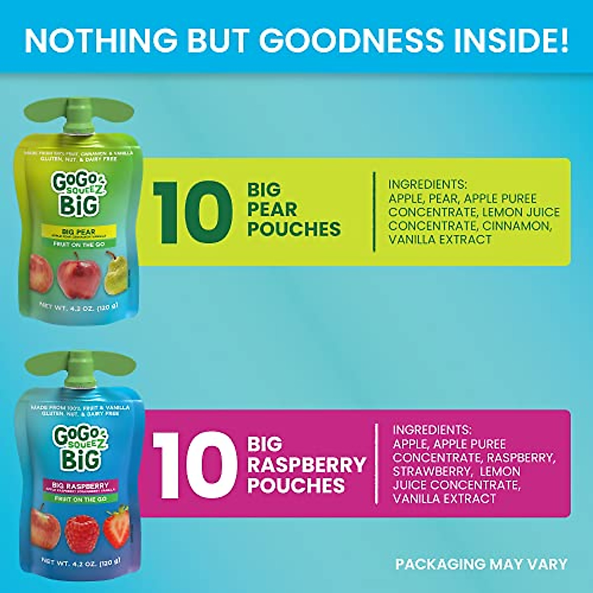 GoGo squeeZ BIG Variety Pack, BIG Pear & BIG Raspberry, 4.2 oz. (Pack of 20), Unsweetened Fruit Snacks for Kids, Gluten Free, Nut Free and Dairy Free, Recloseable Cap, BPA Free Pouches