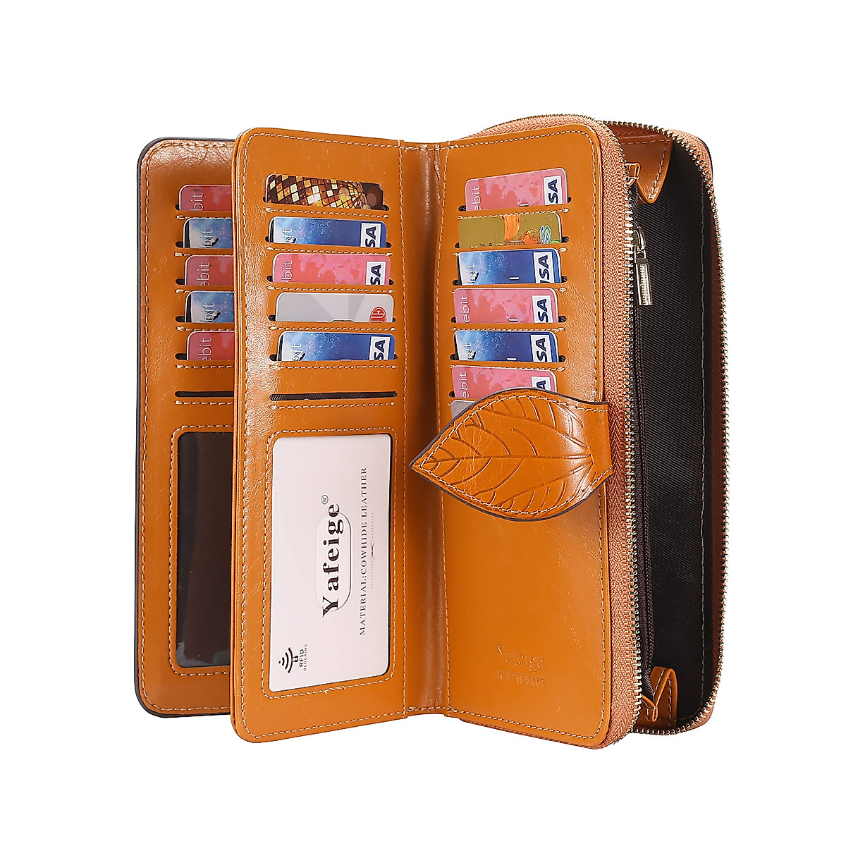 Yafeige Large Luxury Women's RFID Blocking Tri-fold Leather Wallet Zipper Ladies Clutch Purse(1-Waxed Brown)