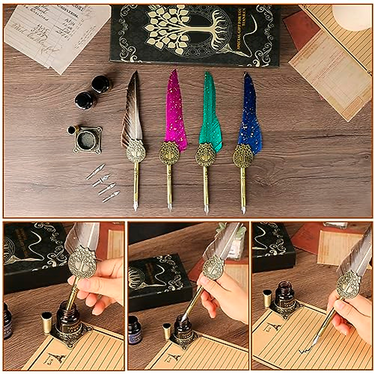 TIANREN Feather Pen and Ink Set,quill pen ink set,Antique Calligraphy Pen with 4 Replaceable Nibs,2 Bottle of ink,Pen Holder Christmas Gift for Men&Women.(Gray)