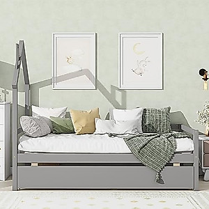 Twin Platform Bed with Trundle, Wooden House-Shaped Headboard Bed with Guardrails, Daybed Frame with Sturdy Slat Support for Kids Boys Girls Bedroom (Grey 06)