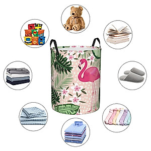 Gbuzozie 38l Round Laundry Hamper Flamingo Palm Leaves Flowers Storage Basket Waterproof Coating Organizer Bin For Nursery Clothes Toys