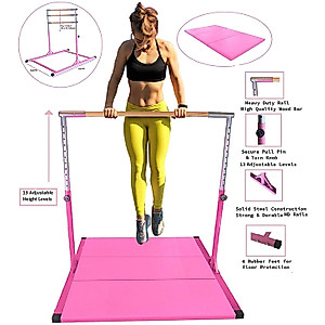 Athletic Bar Kids Gymnastics Horizontal Kip Bar with 6 FT x 4 FT Tumble Mat and Balance Beam Full Set, Adjustable 3 to 5 FT Gymnastic Junior Training Bar for Gymnasts Children, Fiberglass Rail (Pink)