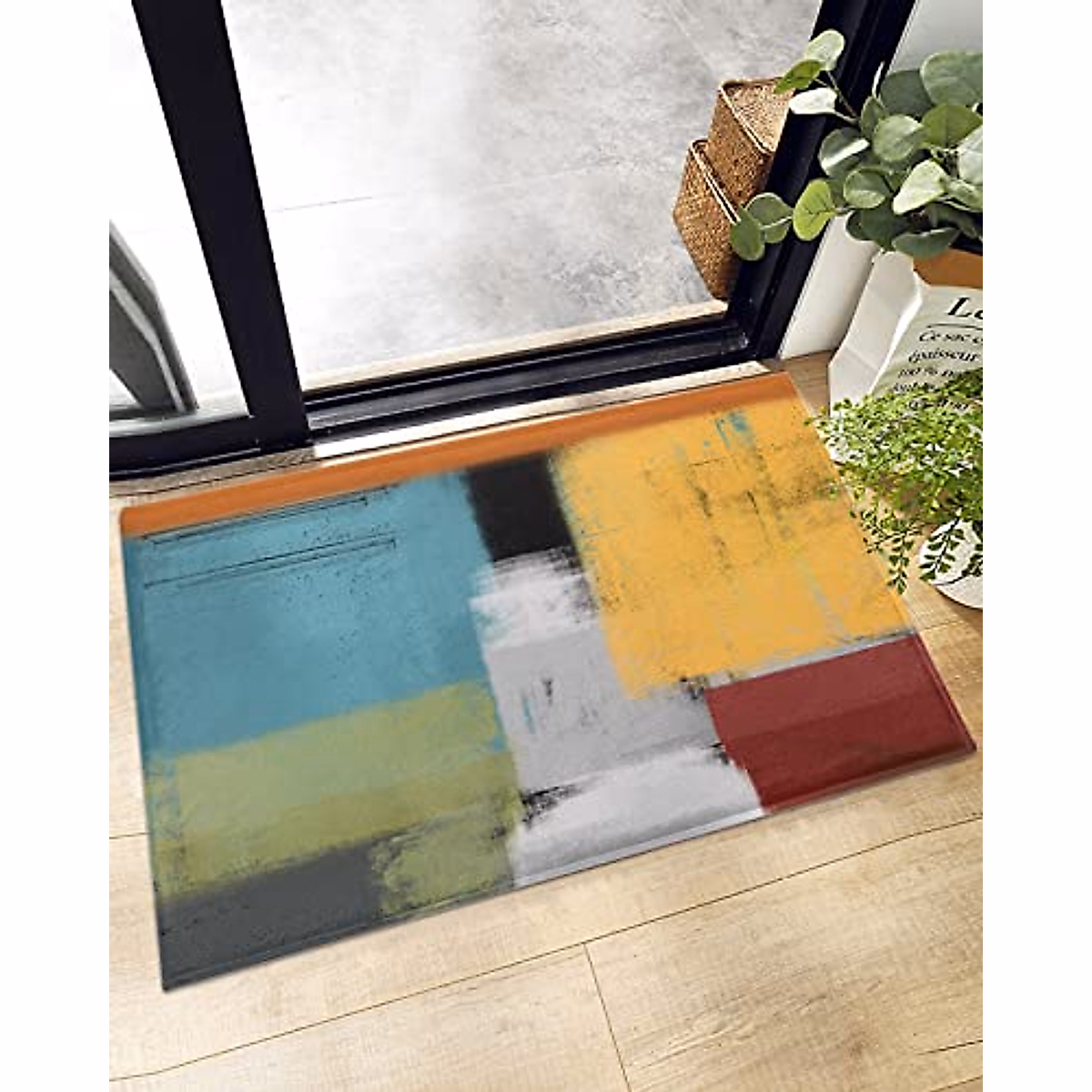 Doormat Oil Painting Abstract Art,Shaggy Floor Mat with Non-Skid Backing Orange Blue Yellow Grey Red Graffiti,Machine Washable Plush Area Rug Carpets for Kitchen Bedroom 20X32Inch
