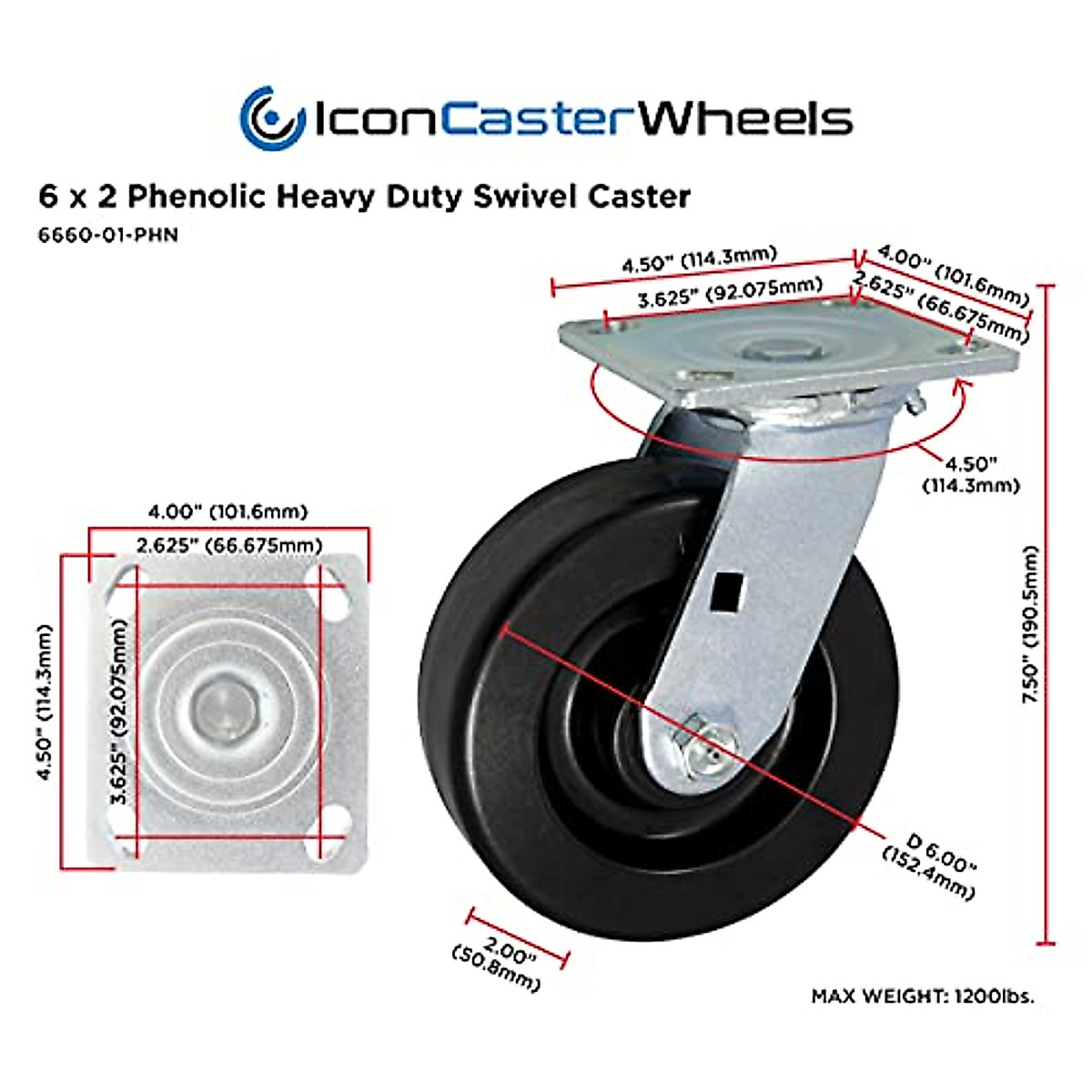 ICON Caster Wheels 6" x 2" PHN Heavy Duty Industrial Casters, Top Plate 4" x 4.5", Black, 2 Rigid 2 Swivel, Non-Marking Phenolic Wheel, Load Capacity 4800 lbs. per Set (4-Pack)
