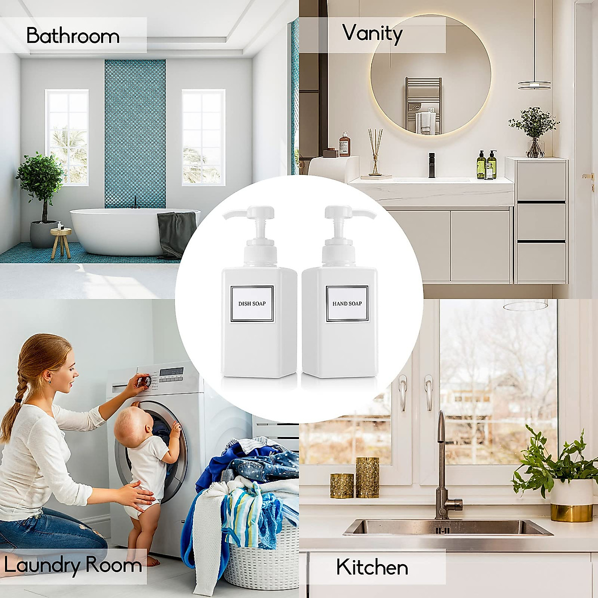 15oz Pump Dispenser for Bathroom, INSFIT Refillable Plastic Pump Bottles, Dish Soap Dispenser for Kitchen Sink, Hand Soap Dispenser, Laundry Detergent Dispenser with Waterproof Labels, 2 Pack White