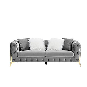 Melpomene Contemporary Velvet Upholstered Sofa Couch with Deep Button Tufting and Custom Gold Chrome Legs,Grey