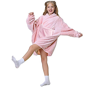 Aemilas Wearable Blanket Hoodie, Oversized Flannel Blanket Sweatshirt with Hood Pocket and Sleeves, Cozy Warm Plush Hooded Blanket for Kids Youth Boys Girls, One Size Fits All (Light Pink), Big Kid