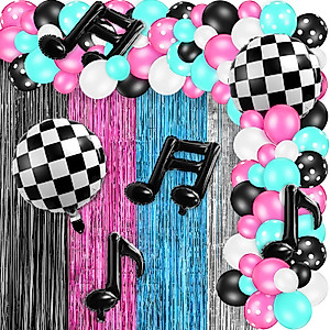 Jecery 122 Pcs 50's Music Theme Birthday Party Decorations Karaoke Rose Red Blue Black Tinsel Curtains Music Note Balloons Karaoke Music Party Supplies Photo Backdrop