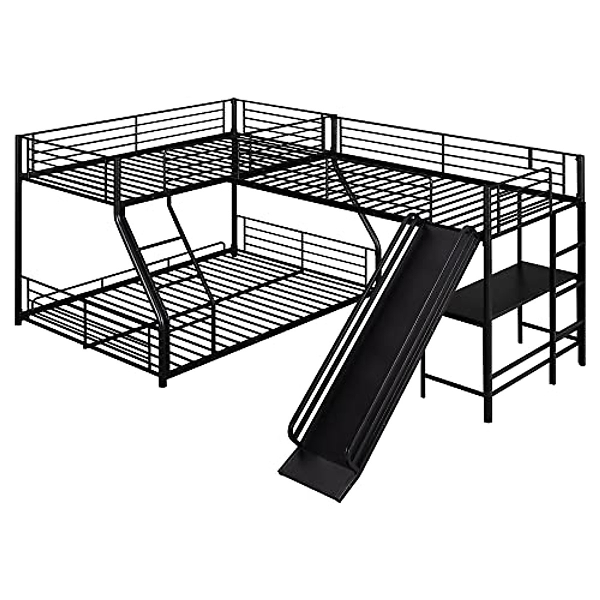 FIQHOME Metal L-Shaped Bunk Bed with a Loft Attached,Twin Over Full Bunk Bed with Twin Size Loft Bed,Built-in Desk and Slide,Metal Triple Bed for Kids Teens Boys Girls,No Box Spring Needed,Black