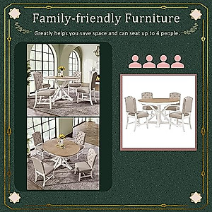 Dinehome 5-Piece Retro Style Extendable Round Dining Table Set with 4 Upholstered Chairs, Oak Natural Wood + Off White