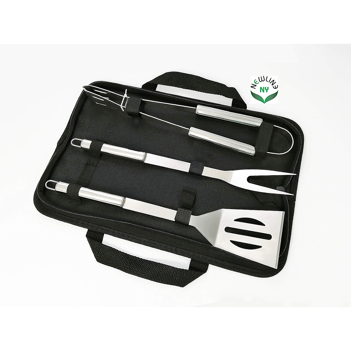 NewlineNY Stainless Steel BBQ Grill Tool Kit 3 PCS Set : Tong, Meat Fork, Spatula + Black Carrying Bag for Picnic Camping Travel Cooking Grilling
