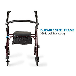 Medline Rollator Walker with Seat, Steel Rolling Walker with 6-inch Wheels Supports up to 350 lbs, Medical Walker, Burgundy