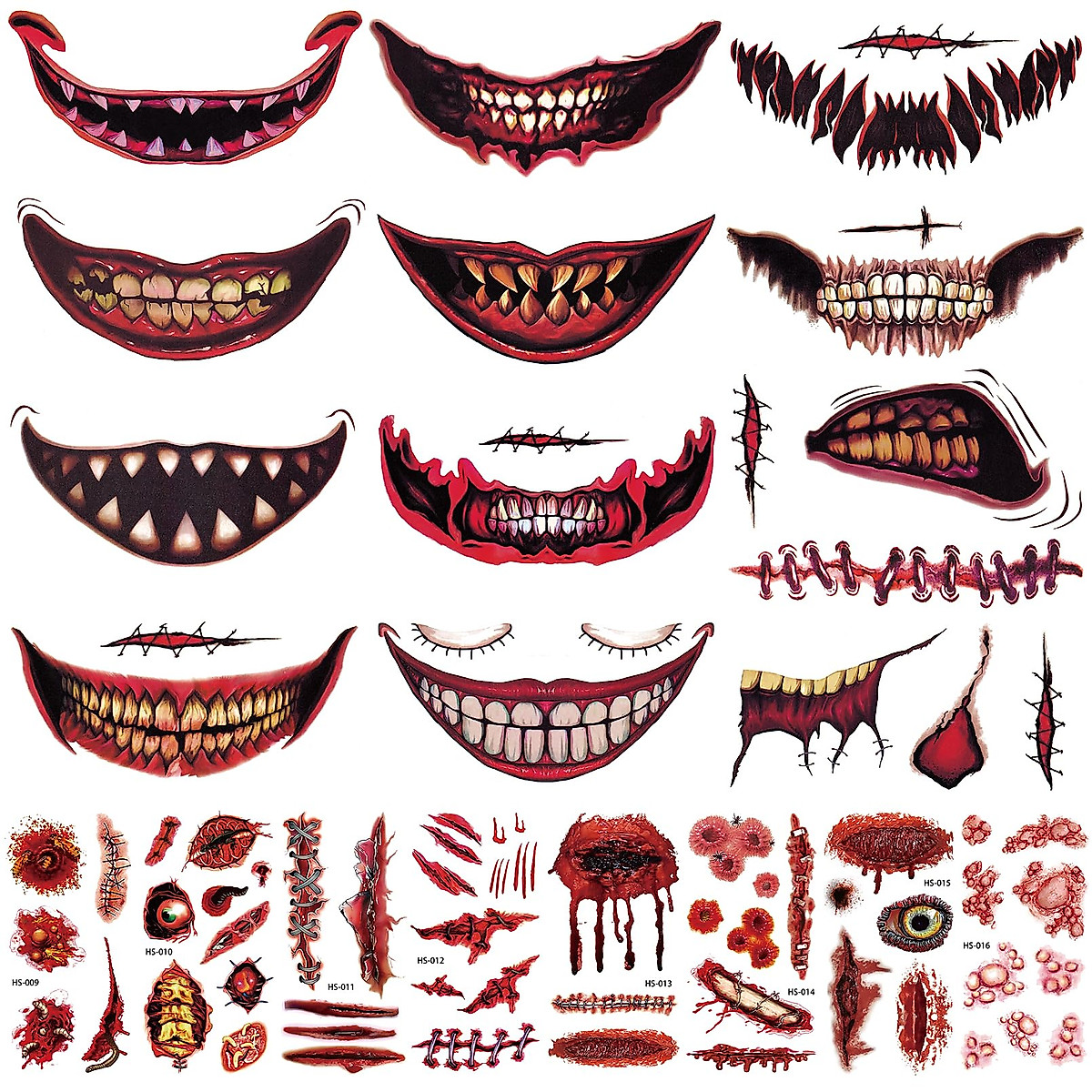 CUTELIILI 74+PCS 21 Sheets Halloween Zombie Makeup Face Tattoos, Halloween Prank Makeup Scary Big Mouth Fake Tattoos, Zombie Face Decals Prank Props for Halloween Cosplay Party DIY