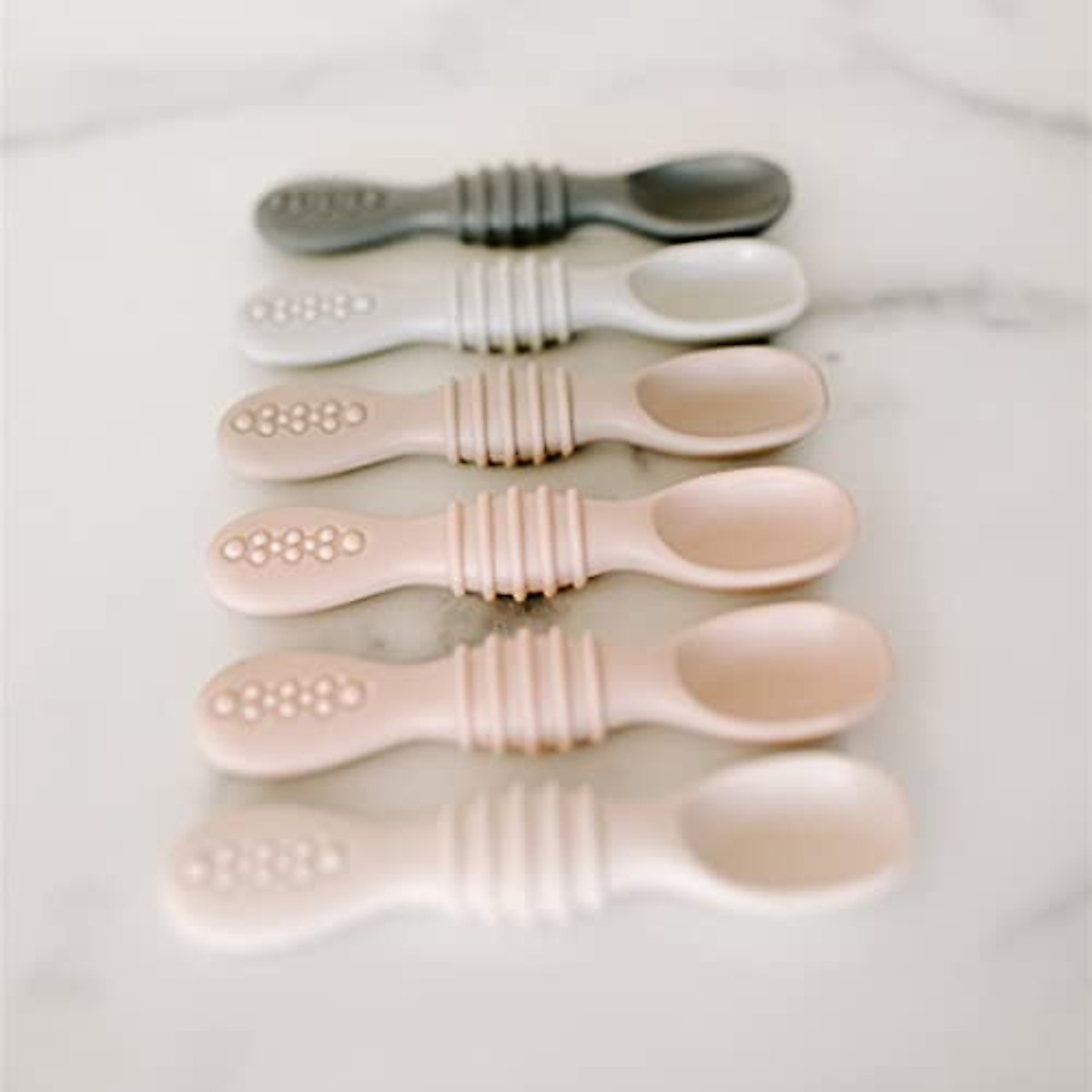 Simka Rose Silicone Baby Spoons - Self Feeding, 6 Months, First Stage Infant Spoons for Babies & Toddlers - Set of 6 BPA Free, Dishwasher, Microwave Safe Food Utensils - Neutral