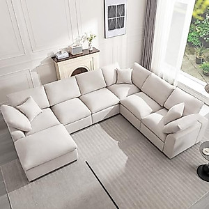 Siiejia Modular Sectional Sofa Modern Oversized Cloud Couch with Movable Ottoman 7 Seater L-Shaped Sofas Comfy Couches for Living Room Spacious Space Office Lounge, Beige
