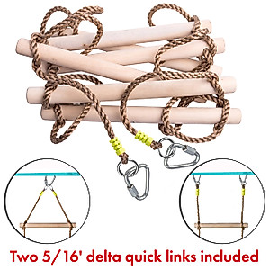 Wooden Rope Ladder for Kids with Ground anchoring - Lenght 6.5'(2m) Width 16"(40cm) - Outdoor or Indoor Climbing Rope Ladder for Ninja Slackline, Backyard, Playground, Home Gym, Park, Treehouse