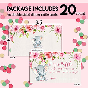 Amanda Creation Watercolor Dahlia Floral Elephant Diaper Raffle Tickets for Girl Baby Showers, 20 2" X 3” Double Sided Inserts, Bring a Pack of Diapers to Win Favors & Prizes!