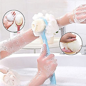 2 Pack Body Brush Back Scrubber for Shower Bath Back Scrubber with Soft Loofah and Bristles Back Scrubber Bath Mesh Sponge with Curved Long Handle Suitable for Wet or Dry, Women and Men (2PACK Set)
