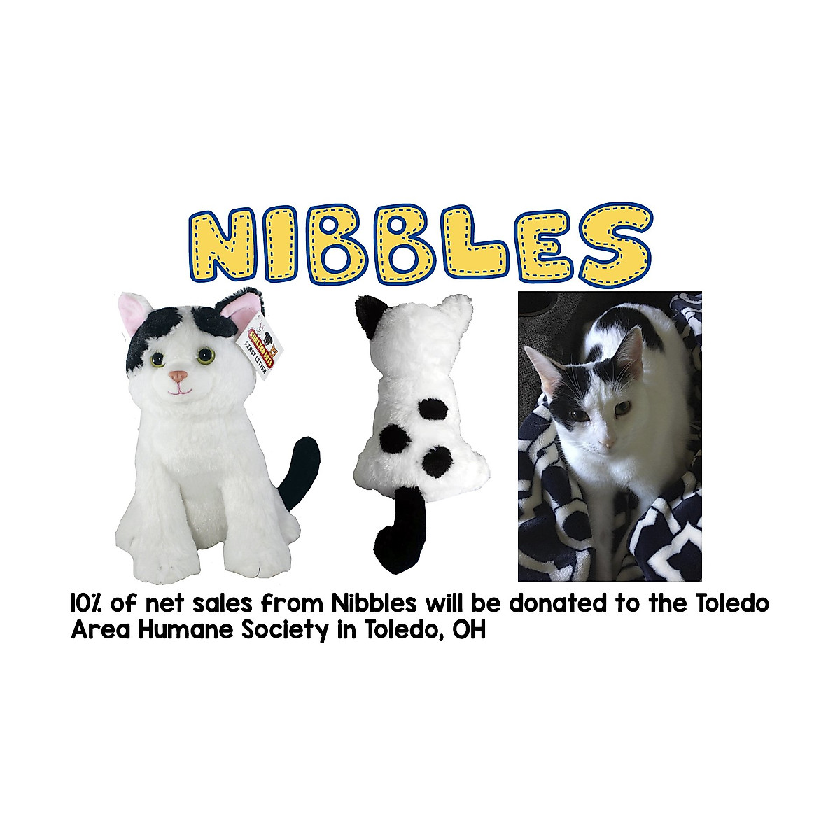 Shelter Pets Series One: Nibbles The Cat - 10" White and Black Kitten Plush Toy Stuffed Animal - Based on Real-Life Adopted Pets - Benefiting The Animal Shelters They were Adopted from