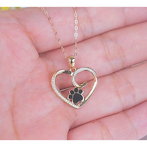 SISGEM 14k Yellow Gold Heart Pendant Necklace for Women, Real Gold Dog Cat Paw Print Jewelry Gifts for Her, 16+1+1 Inch
