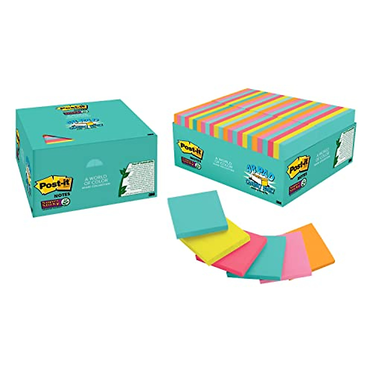 Post-it Super Sticky Notes, 3x3 in, 48 Pads, 2x the Sticking Power, Supernova Neons, Bright Colors, Recyclable (654-48SSMIA-CP)