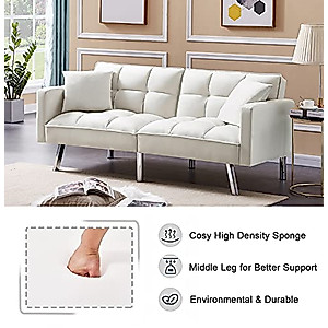 Velvet Convertible Futon Sofa Bed with Two Pillows, Modern Upholstered Sleeper Sofa Couch with 3 Adjustable Backrests and 6 Solid Metal Legs, Twin Size Loveseat Recliner for Living Room (Off White)