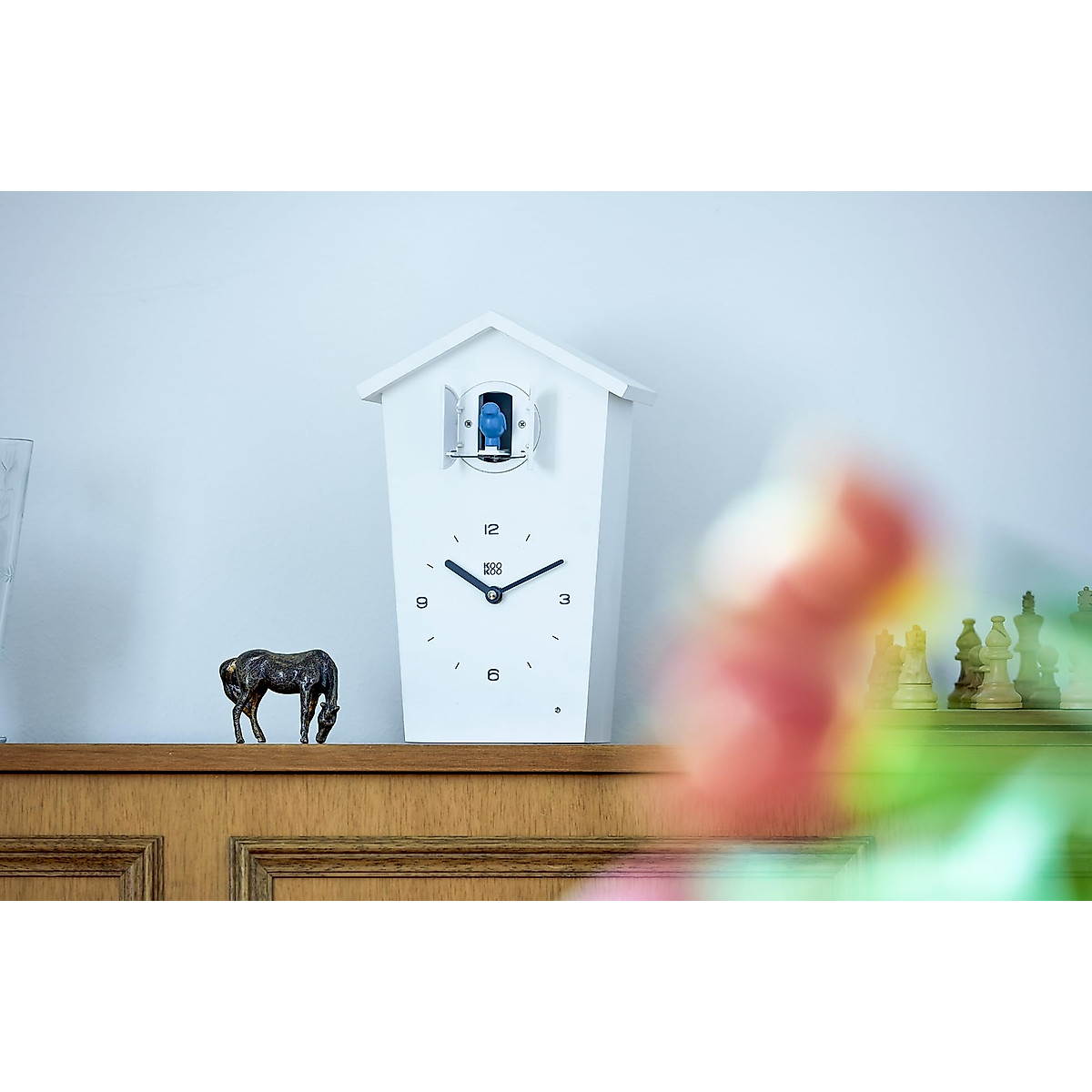 KOOKOO Birdhouse White, modern design cuckoo clock with 12 natural bird voices or cuckoo call