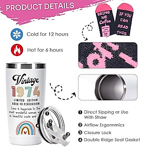 Jettryran 50th Birthday Gifts for Women Parents 50 Years Old Gifts- 20 oz Double-sided Vintage 1974 with Time Information Tumbler Cup（white） Turning 50- TW004