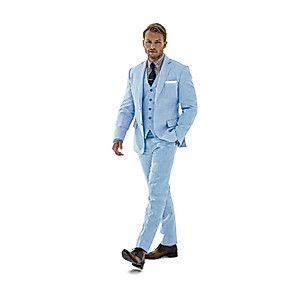 3 Piece Linen Suit for Men Slim Fit Summer Beach Lightweight Casual Suits Wedding Prom Tuxedos Blazer Vest&Pants Light Blue M