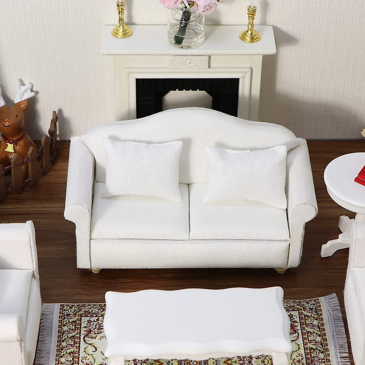 Dollhouse Couch Miniature Furniture Sofa with Pillows for Living Room Desktop Decoration Fabric Sofa Mini Home Scene Accessories Ornament (Double Sofa, White)