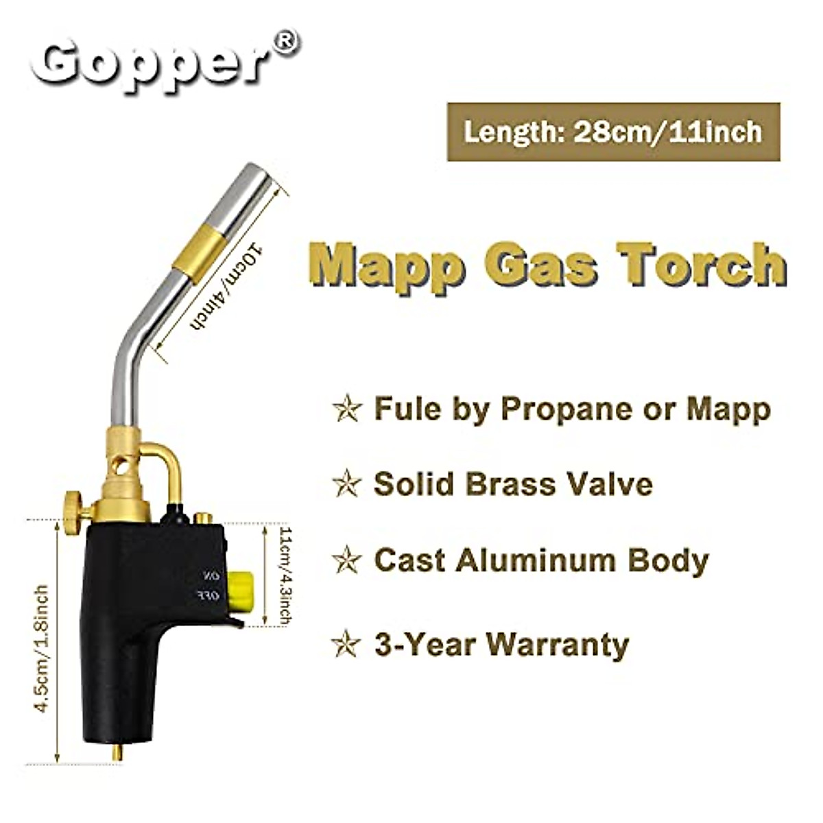 High Intensity Propane Torch Head, Trigger Start Mapp/Map Gas Torch with Self Ignition & Brass Knob, Pencil Flame Welding Torch Fuel by MAPP, MAP/PRO and Propane gas（CSA Certified )