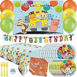 CoComelon Party Supplies | CoComelon Birthday Party Supplies | With CoComelon Backdrop | CoComelon Party Decorations for Girls or Boys | 1st or 2nd Birthday Theme | Backdrop, Balloons, Tablecloth, Plates, Napkins, Forks, Sticker | Serves 16 Guests