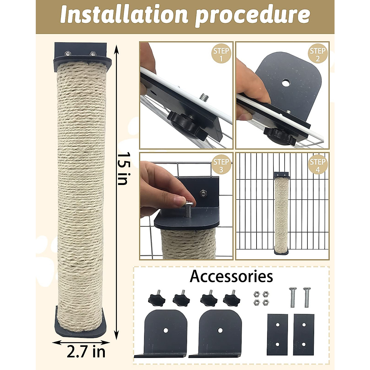 VCEPJH 2 Pcs Cat Scratching Post for Crate Cage Mounted Cat Scratcher Natural Sisal Scratch for Scratching and Climbing Furniture 15x2.7inches (White)