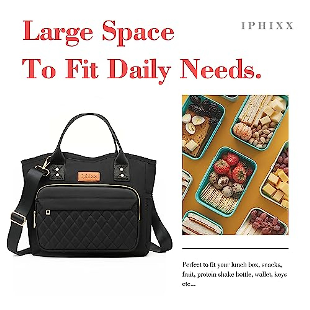 iPhixx Lunch Box for Women, Lunch Bag for Women Work, Insulated Lunch Box, Lunch Tote Bag, Lunch Pail Purse Bag for Nurse with Shoulder Strap, Lunchbag For Picnic Hiking Beach with 8 Ice Packs