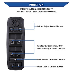 Driver Side Power Window Switch Compatible with 2009-2012 Dodge RAM 1500/2500 / 3500 Quad & Crew Cab Pickup, Double Auto Buttons (Without Power-Fold Mirrors, Replaces 4602863AB, 4602863AC)