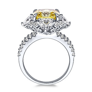 BERRICLE Sterling Silver Halo Canary Yellow Cushion Cut Cubic Zirconia CZ Statement Flower Cocktail Fashion Split Shank Ring for Women, Rhodium Plated Size 7