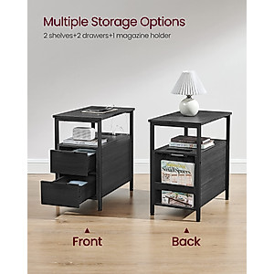 VASAGLE Side Table with Charging Station, Narrow End Table with 2 Drawers, Slim Nightstand and Bedside Table with Storage, for Small Spaces, Black ULET321B22
