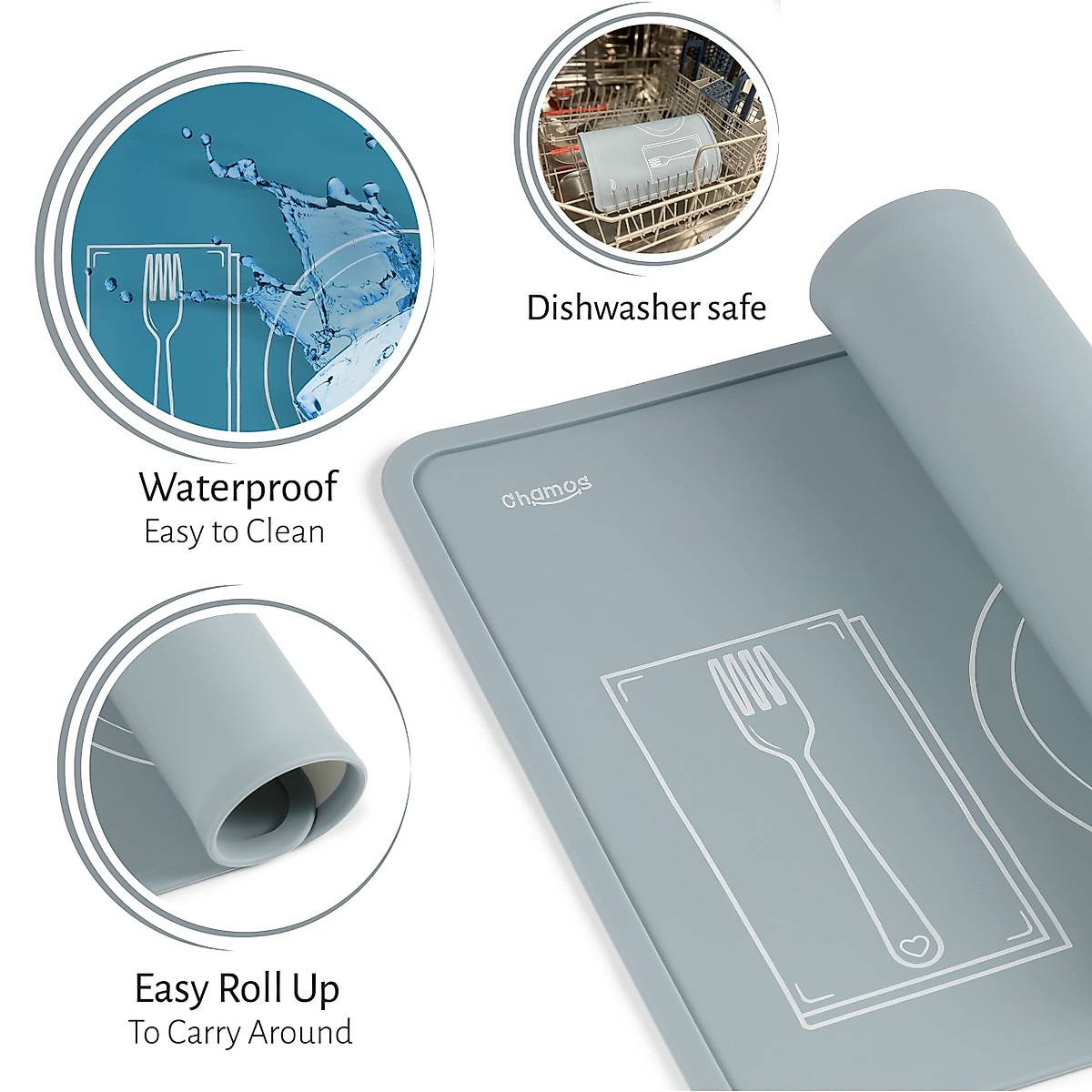 CHAMOS Montessori Placemat for Toddlers - Kids Silicone Mats for Dining Table - Set of 2 - Table Setting Learning (Blue and Grey)