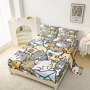 QOOMO Kawaii Cat Sheet Set,Cats Kids Bed Sheets,Cartoon Animals Printed 16" Deep Pocket Bed Sheet Set for Girls/Kids/Teens，4 Piece Sheet Set, 1 Fitted Sheet,1 Flat Sheet and 2 Pillowcases，Twin Size