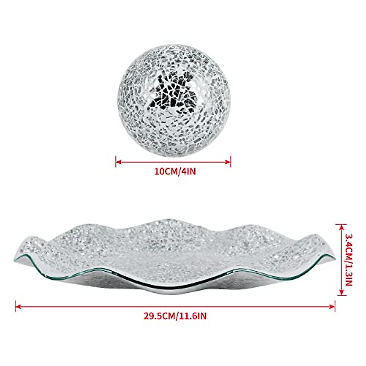 MDLUU Centerpiece Bowl and Balls Set, Mosaic Tray with 3 Pieces Spheres, 12" Decorative Plate with 4" Mosaic Orbs for Home Decor, Gift (Silver)