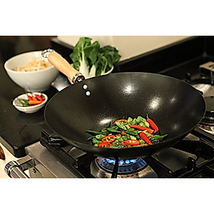 Dexam 12108411 Non Stick Carbon Steel Wok With Wood Handle 27cm/10.5 -inch, Black (Non-stick Coating)