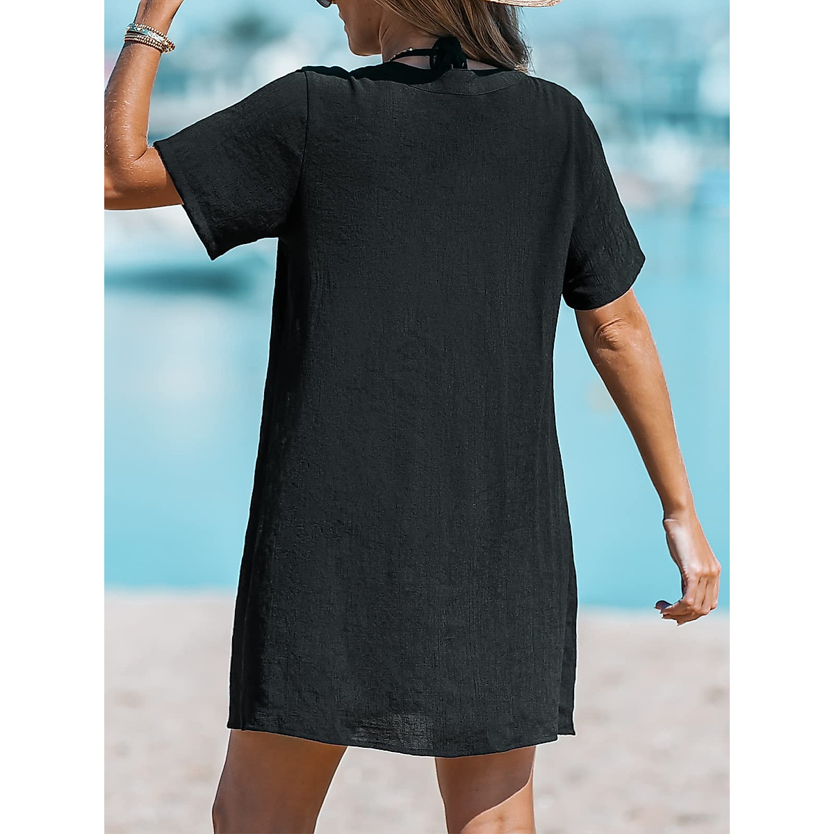 CUPSHE Women's V Neck Cover Up Dress Short Sleeve Semi-Sheer Beach Mini Dress Black
