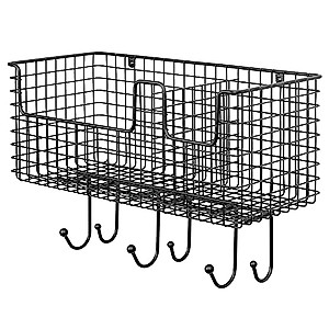 mDesign Metal Wire Farmhouse Wall Decor Storage Organizer Basket with 6 Hooks for Entryway, Hallway, Mudroom, Bedroom, Bathroom, Laundry Room - Wall Mount - Black