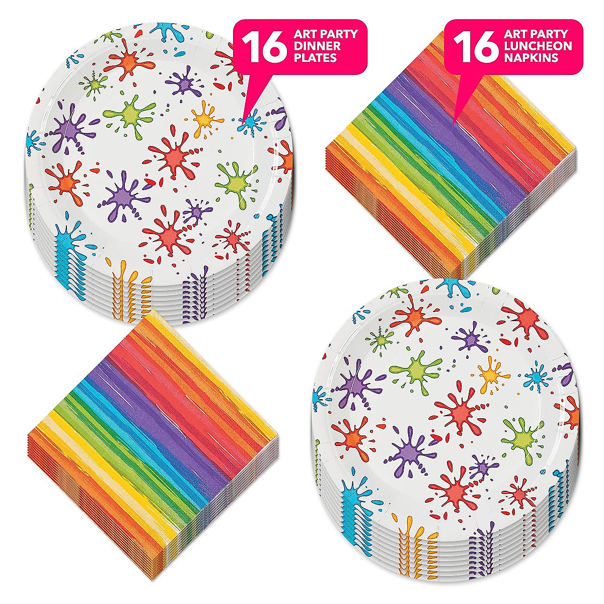 Artist Party Supplies - Art Paint Splatter Paper Dinner Plates and Striped Luncheon Napkins (Serves 16)