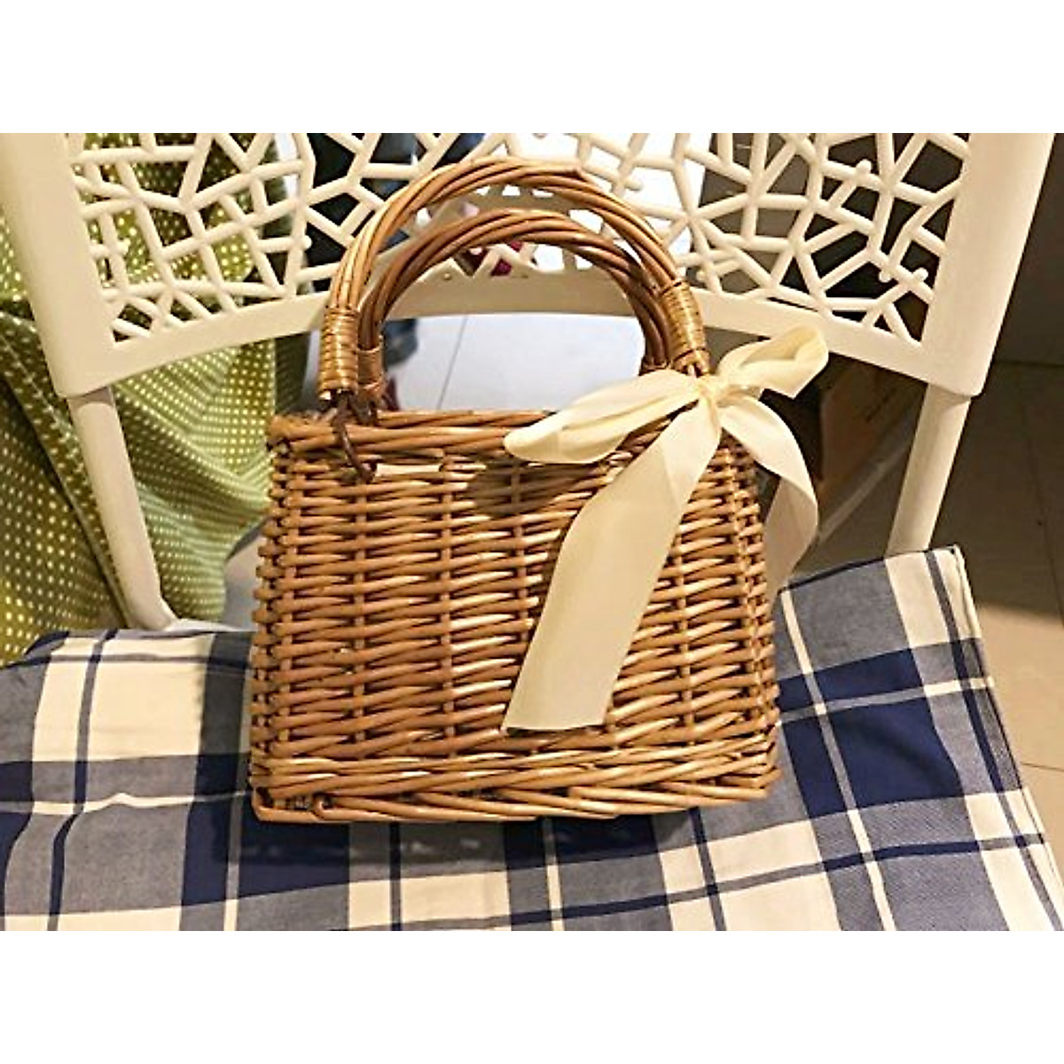 QTMY Bow Rattan Woven Bag Straw Bags Top Handle Wicker Baskets Handbags Boho Style Beach Bag Flower Basket